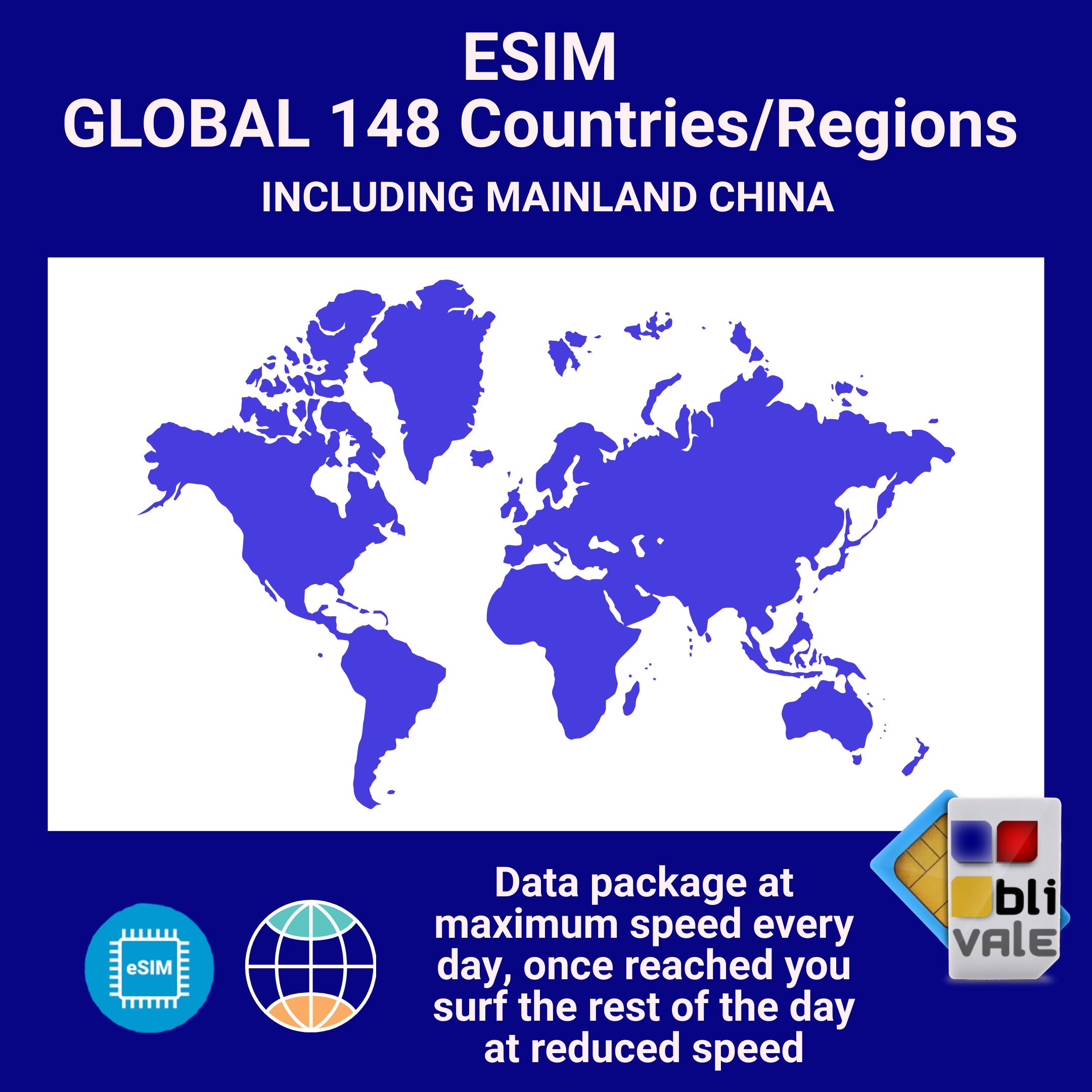 eSIM for GLOBAL in 148 Countries/Regions (Including Mainland China)
