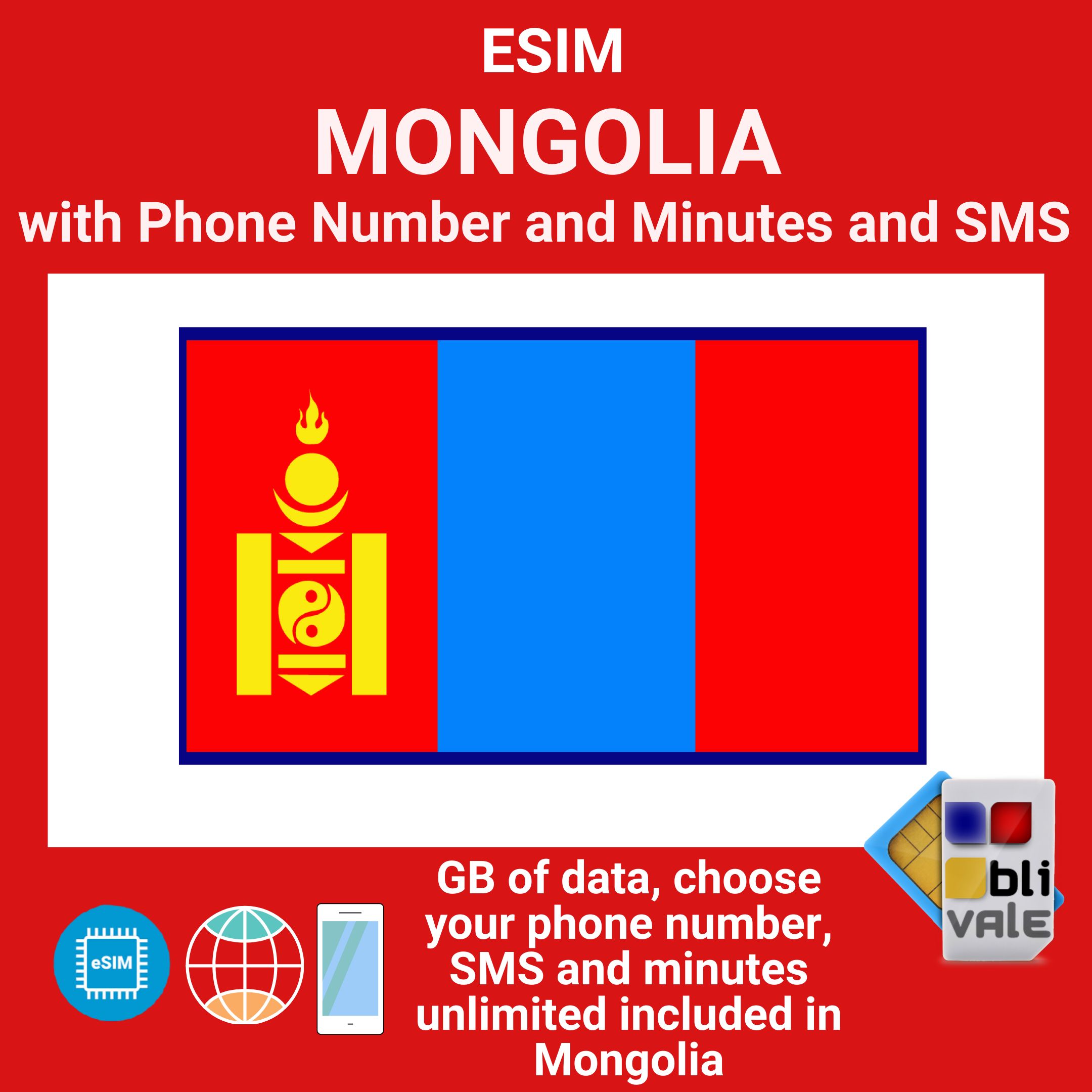 eSIM para MONGOLIA con GB, número de teléfono, minutos y SMS ilimitados